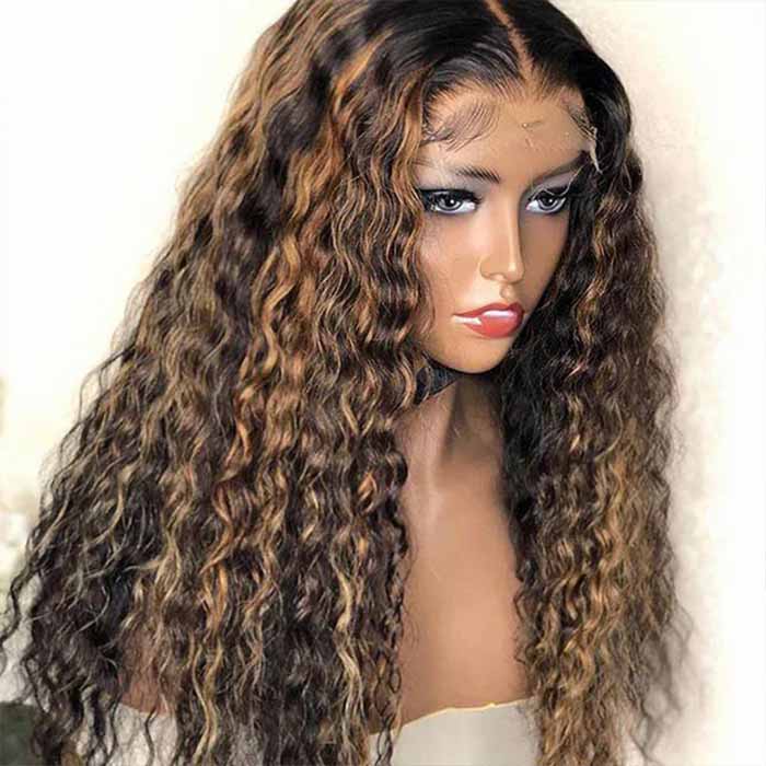 #1B/30 Mix Color Black Brown Highlight Wig Water Wave Glueless HD Lace ...