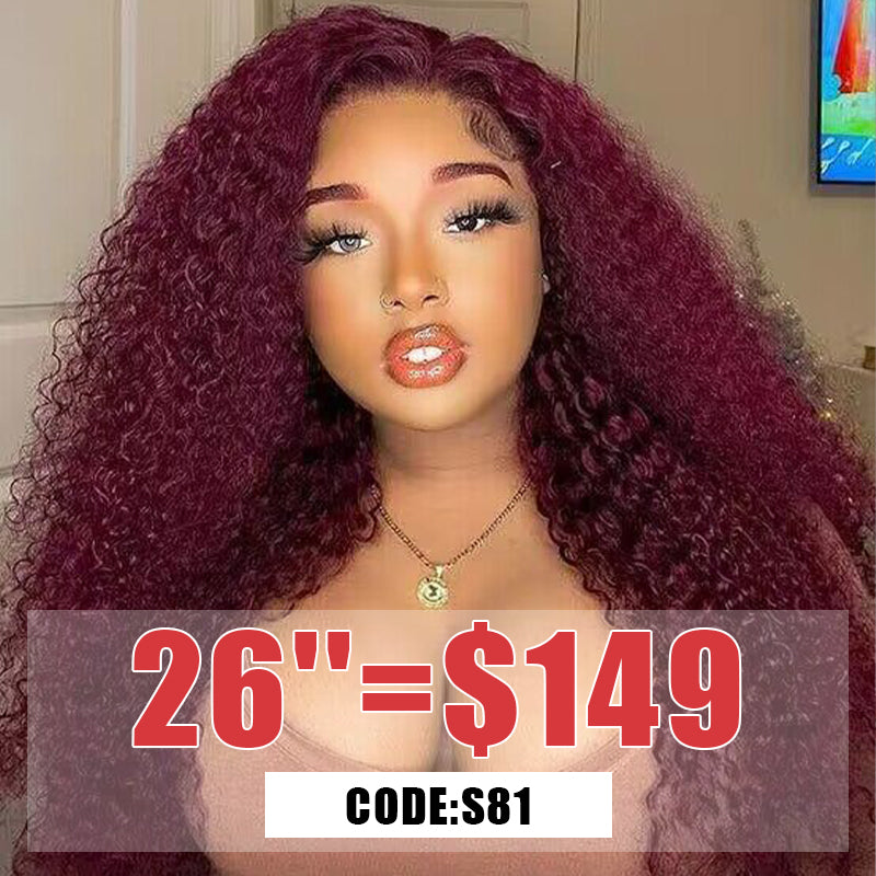 Burgundy 99j Wig Curly Human Hair Colored Wigs HD Transparent Lace Clo ...