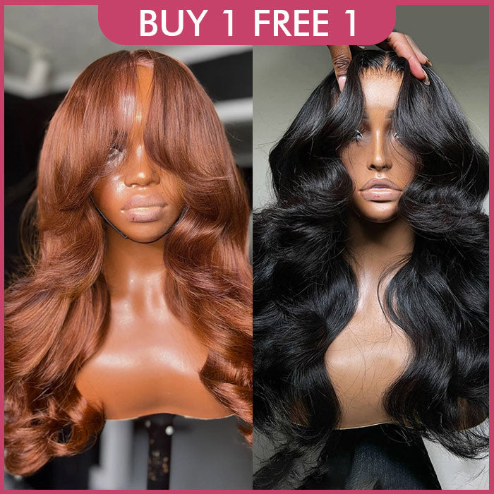 [$229 = 2 Wigs] Reddish Brown & Natural Color Curtain Bangs Body Wave ...