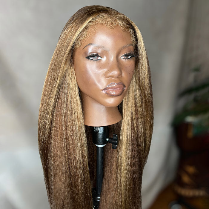 4C Edges Balayage Highlights Pull Go Drawstring Wig Kinky Straight Glu ...
