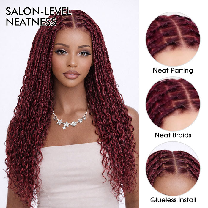 99J Burgundy Red Boho Braided Glueless Wig 13x6 HD Lace Drawstring Pul ...