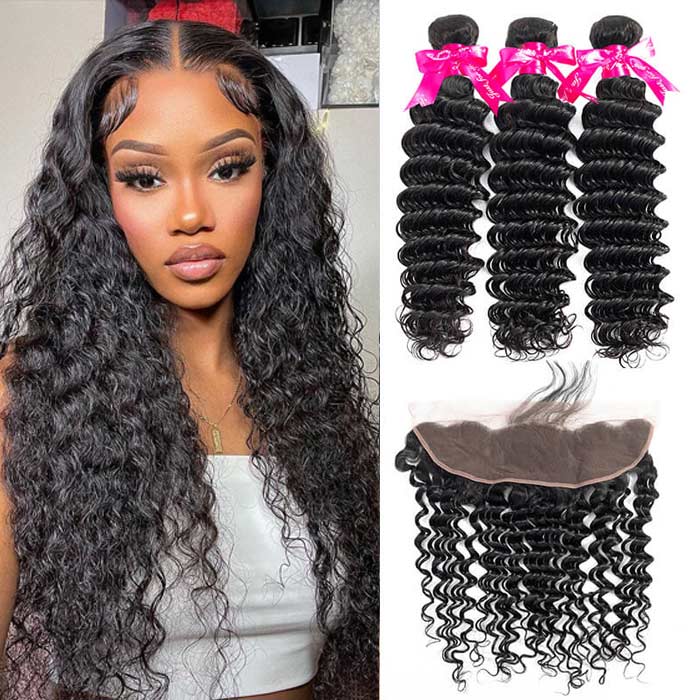 Deep Wave Virgin Hair Weave 3 Bundles With 13*4 Lace Frontal – Subella Hair