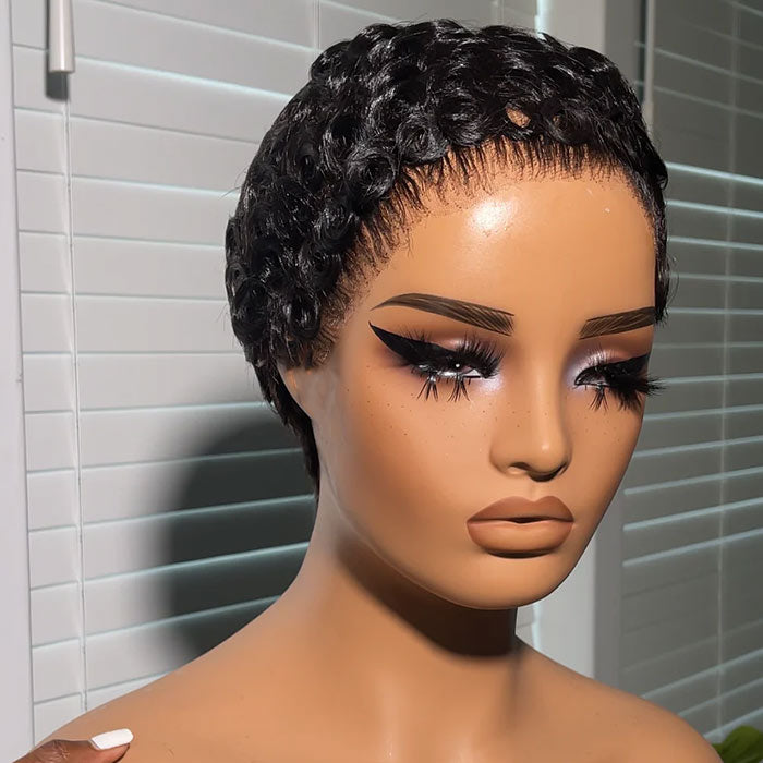 Glueless Curly Pixie Wig Pre Styled Human Hair Machine Made Short Pixi ...