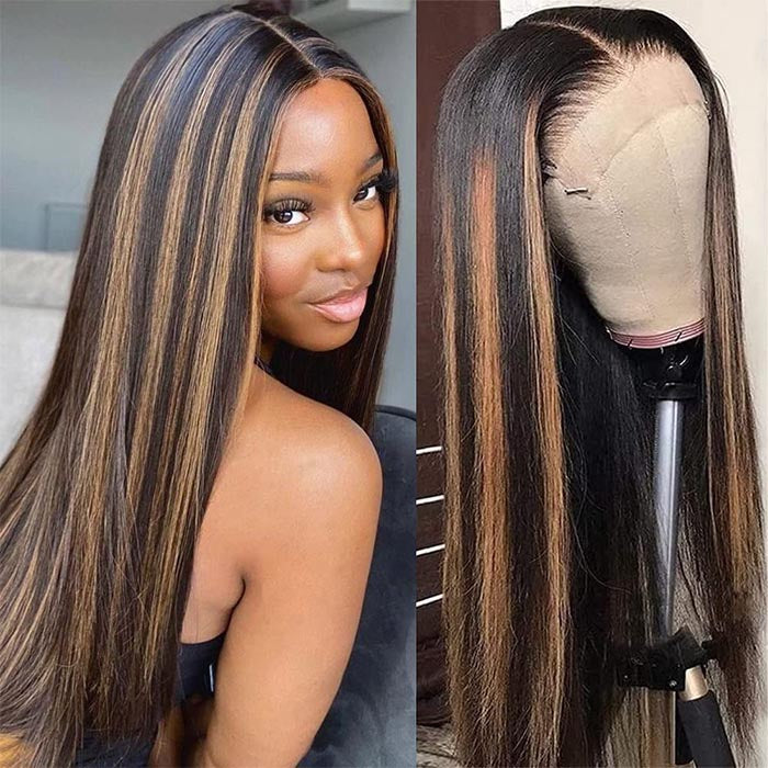 P1B/30 Highlight Brown Straight HD Lace Front Wig Glueless Balayage Co ...