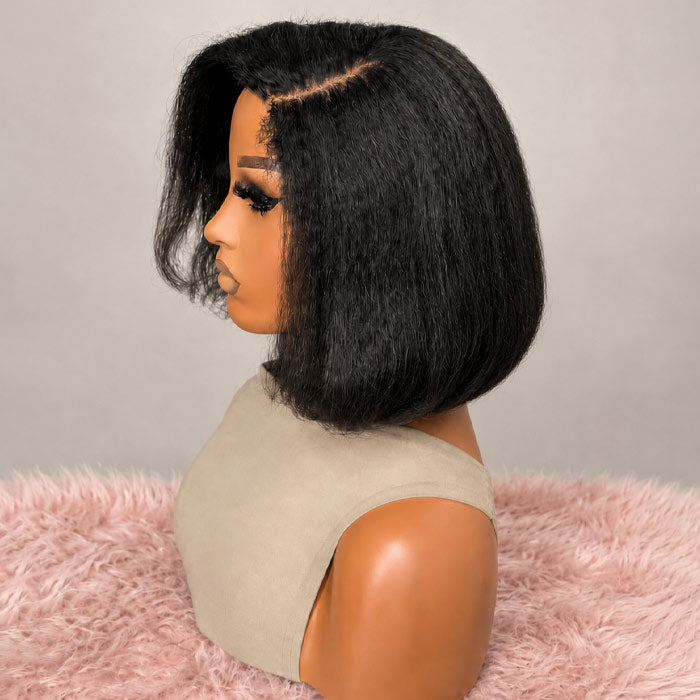 4C Hairline Side Part Layered Kinky Straight Bob Wig 280% Density Glue ...