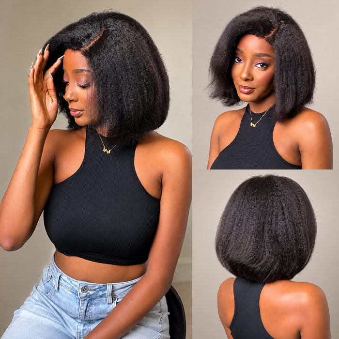 4C Hairline Side Part Layered Kinky Straight Bob Wig 280% Density Glue ...