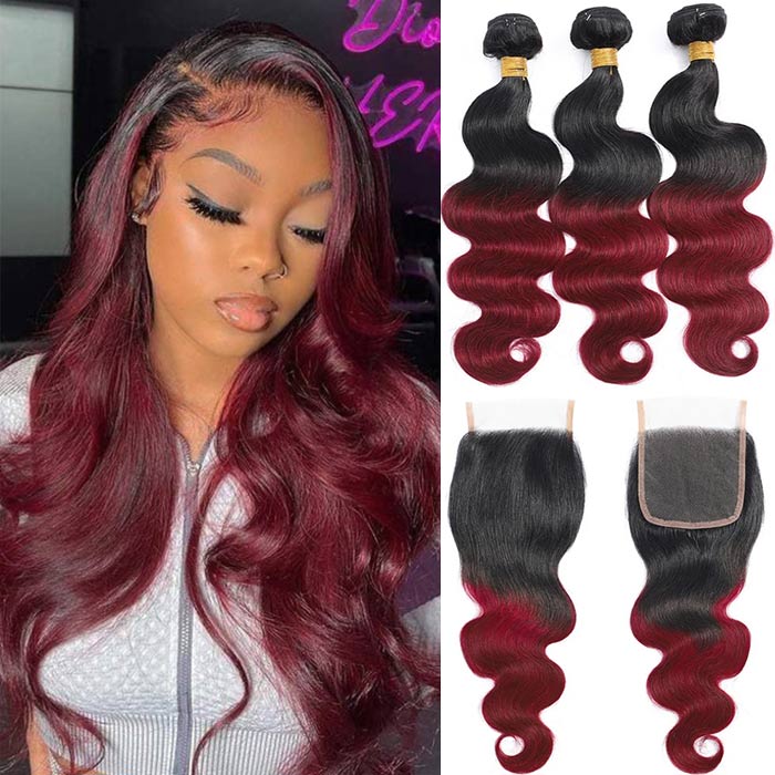 Subella Hair T1B/99j Ombre Body Wave Human Hair 3 Bundles With 4x4 Lac