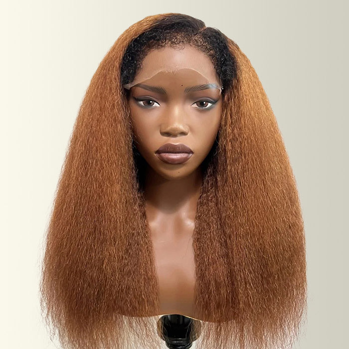 T1B/30 Dark Roots 4C Kinky Edges Hairline Kinky Straight Glueless Wig ...