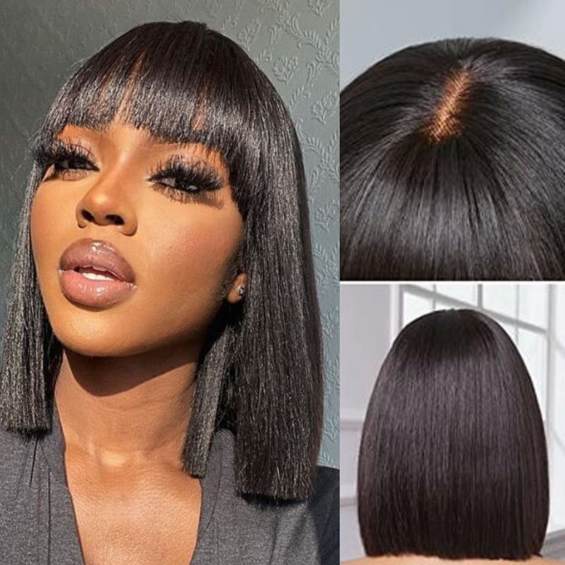 Straight Wig With Bangs Natural Color Lace Straight Human Hair Glueless ...