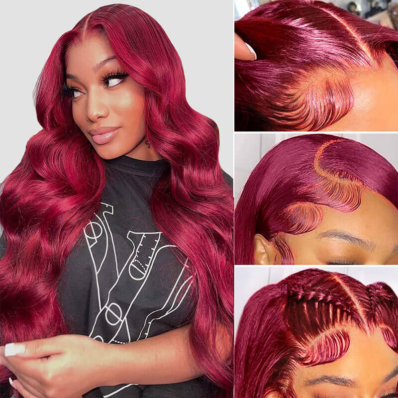 99J Body Wave 13x4 Burgundy HD Lace Front Pre Plucked Colored Human Ha ...