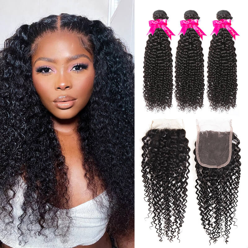 Kinky Curly Human Hair 3 Bundles With 4x4 Lace Closure – Subella Hair