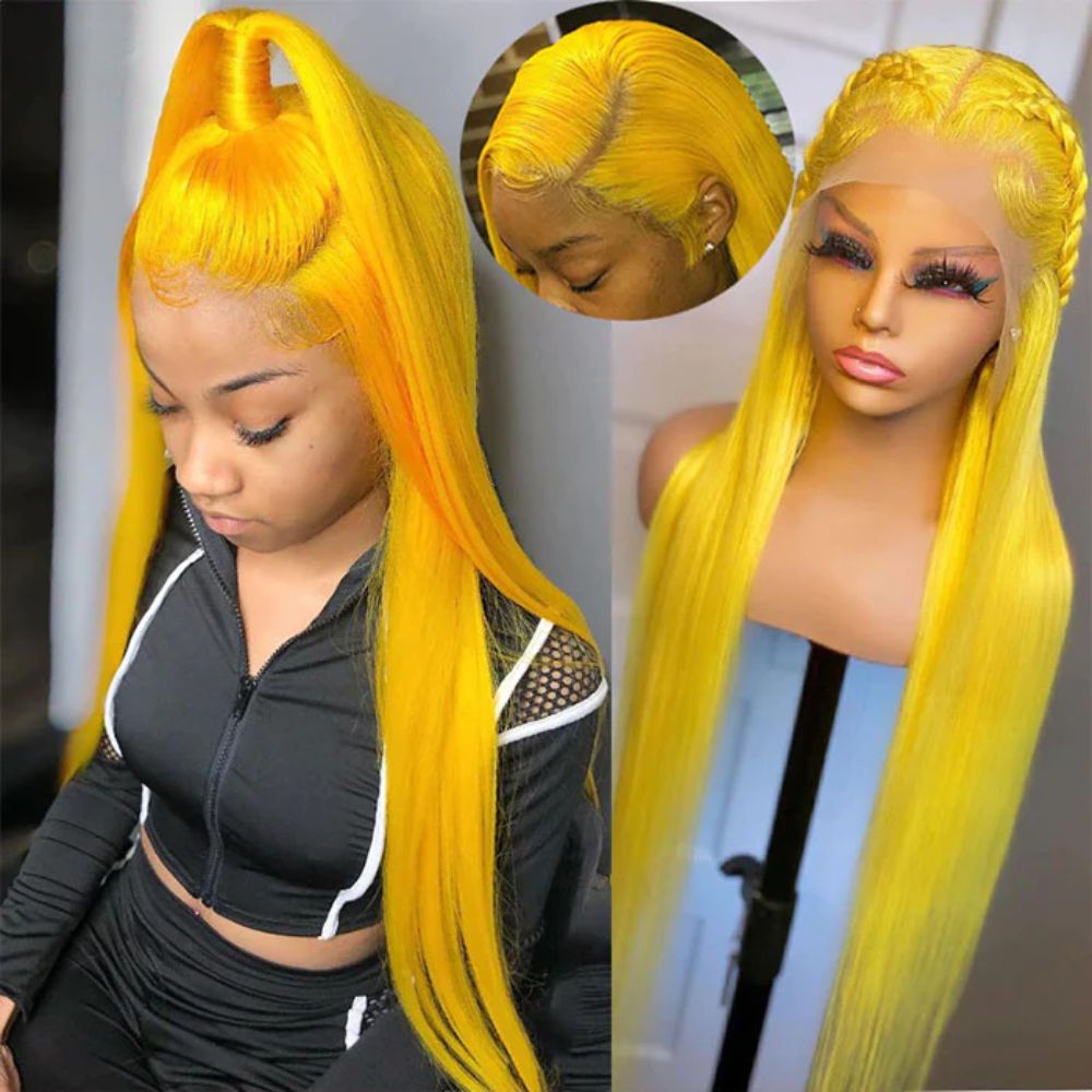 Yellow Colored Human Hair Wig HD Lace Front Wigs Invisible Glueless Co ...